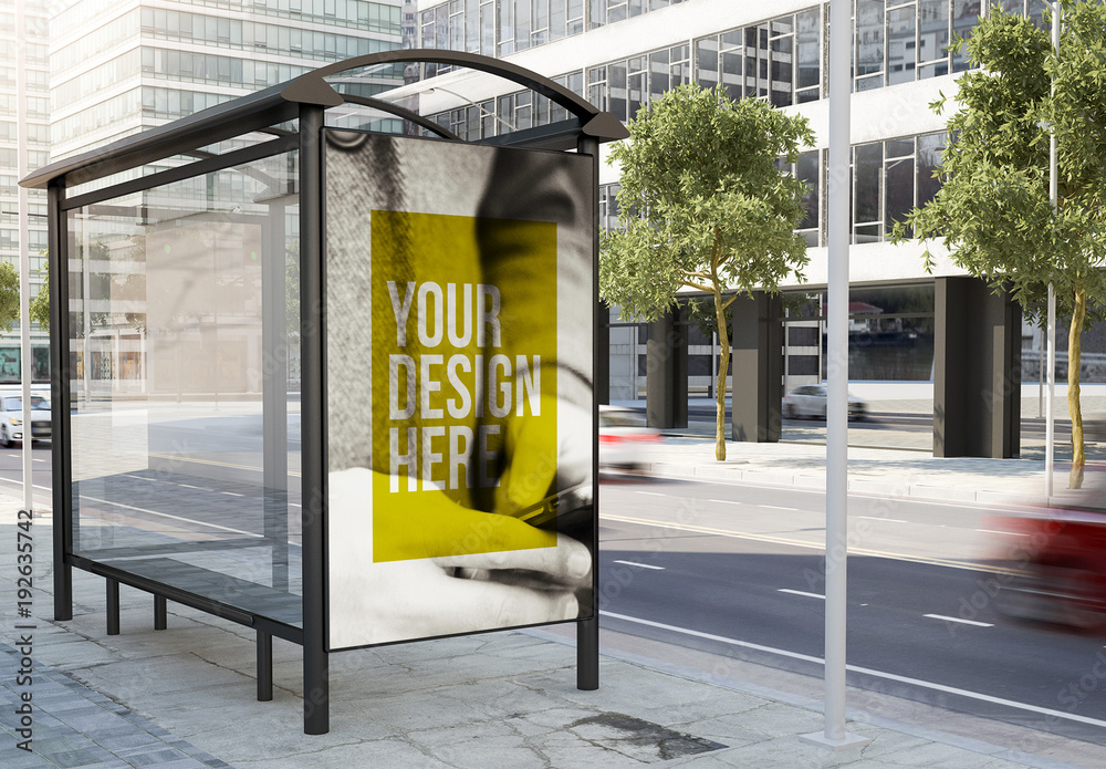 Bus Stop Advertising Kiosk Mockup on City Street 2 Stock Template ...