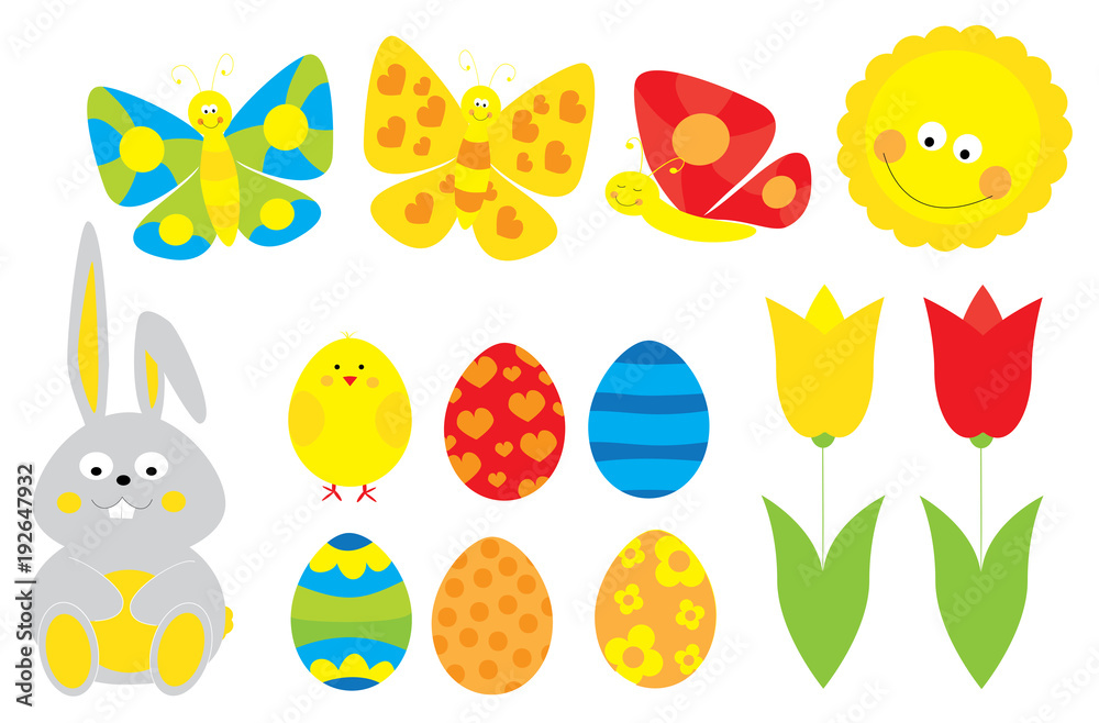 set of cute cartoon Easter objects : easter-eggs, bunny, tulips ...
