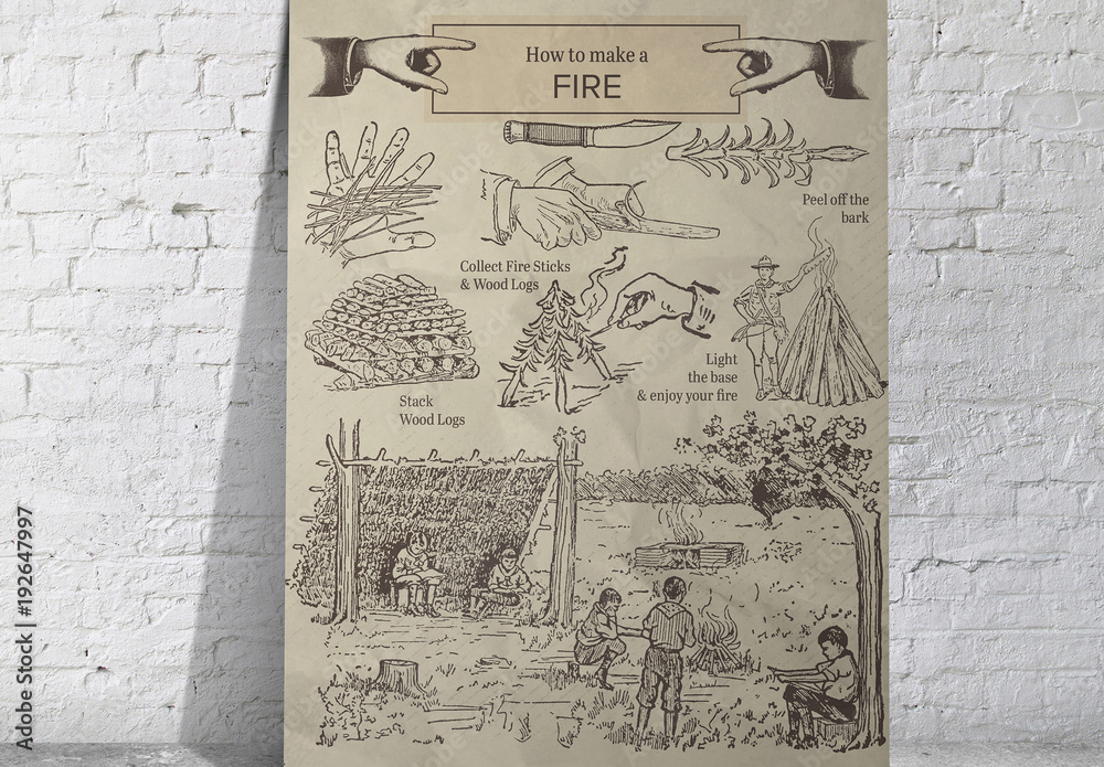 Antique Illustrated How to Make a Fire Poster Stock Template | Adobe Stock