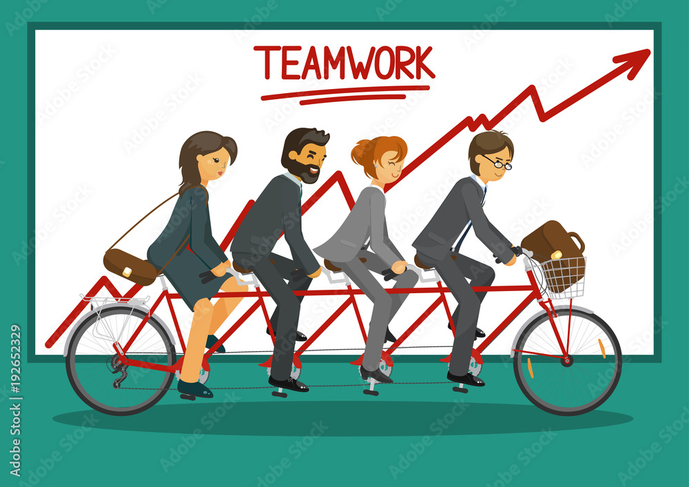 Teamwork. Businessmen and business women riding tandem bicycle together ...