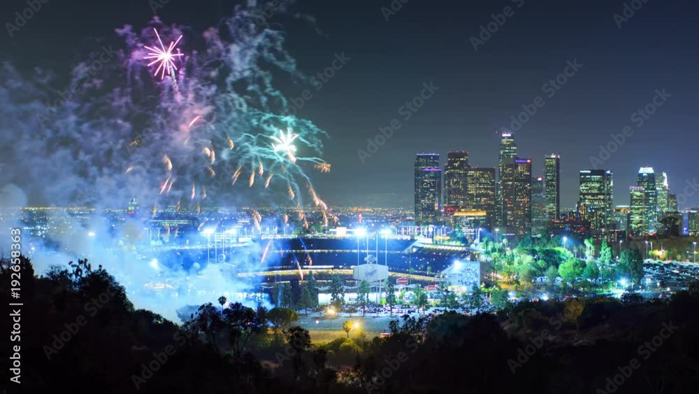 Fireworks display Dodger Stadium city Los Angeles skyline night 4K UHD ...