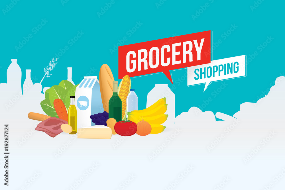 Vector illustration of grocery shopping background with various goods ...