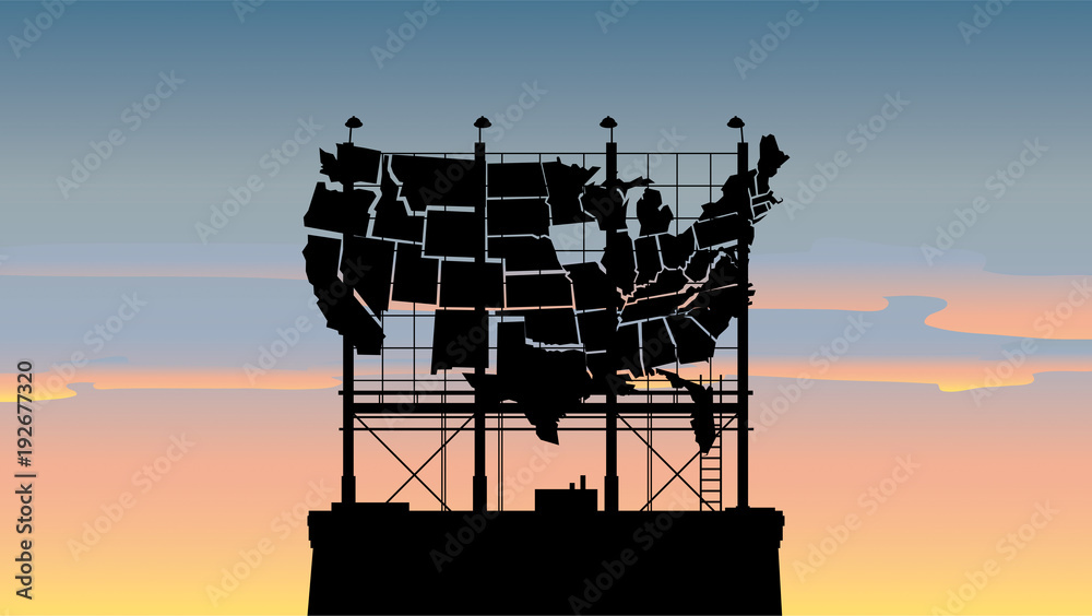 A silhouette illustration of a tattered and worn out billboard map of ...