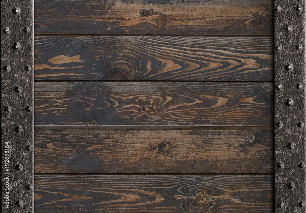 medieval metal frame over wooden planks 3d illustration Stock ...