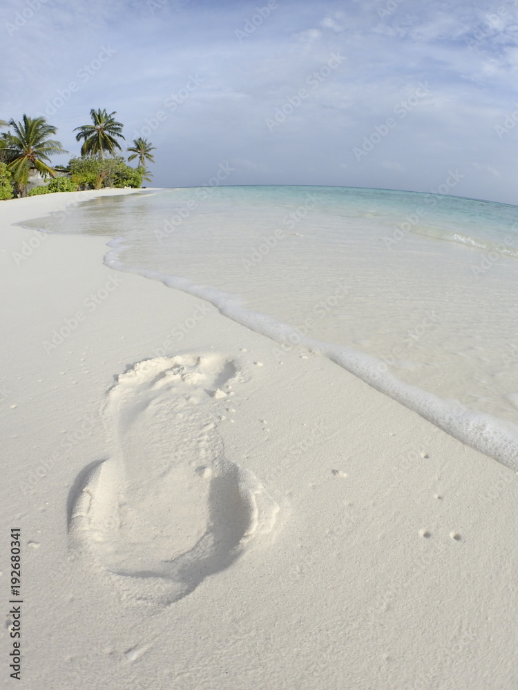 Foot Mark in White Sandy Beach of Maldives Stock Photo | Adobe Stock