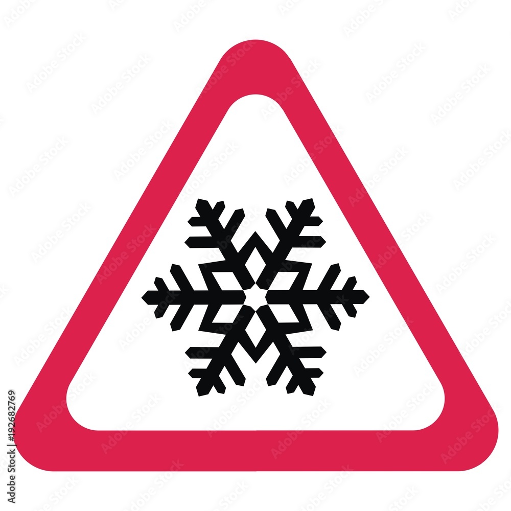 Snow warning sign with snowflakes. Vector illustration. Red triangle ...