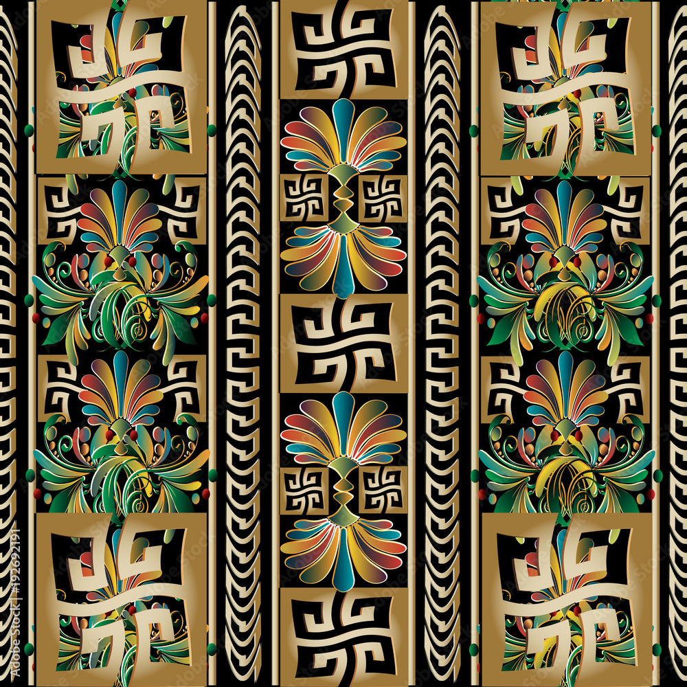 Colorful floral greek key meander seamless pattern. Abstract striped ...