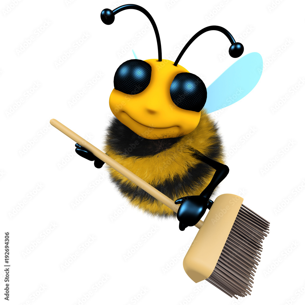 3d Funny cartoon honey bee character is sweeping with a broom Stock ...