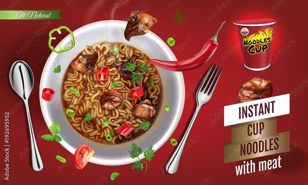 Vector realistic illustration of instant cup noodles with meat. Stock ...