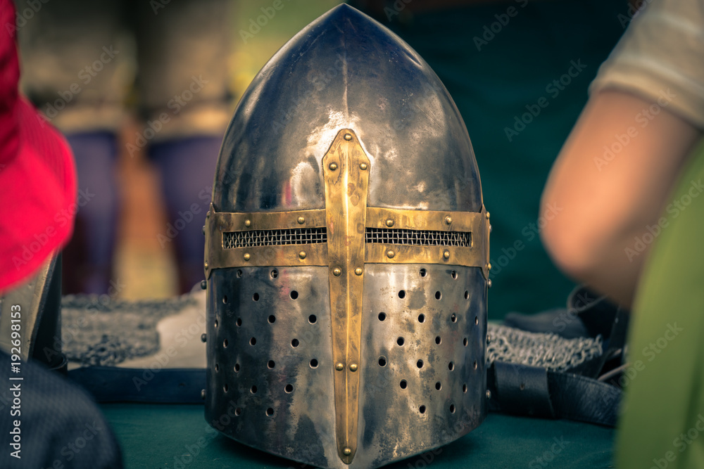 Iron helmet of a medieval knight Stock Photo | Adobe Stock
