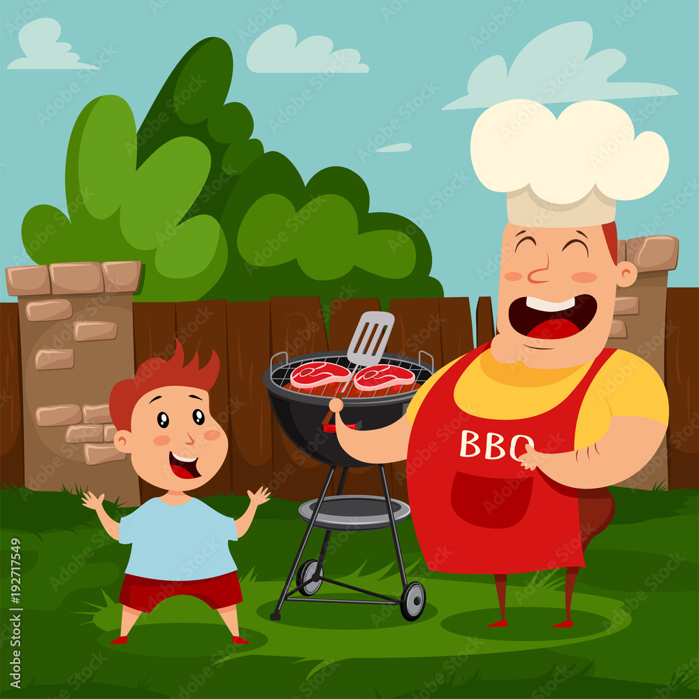 Father and son are cooking a grill steak on a barbecue in the backyard ...