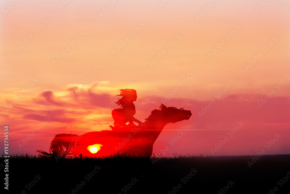 Dream about horseback riding on rising sun horizon. Phantom shadow and ...
