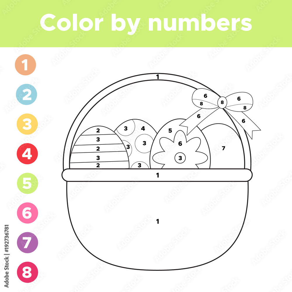 Color by numbers. Coloring page Easter eggs in basket. Educational game ...