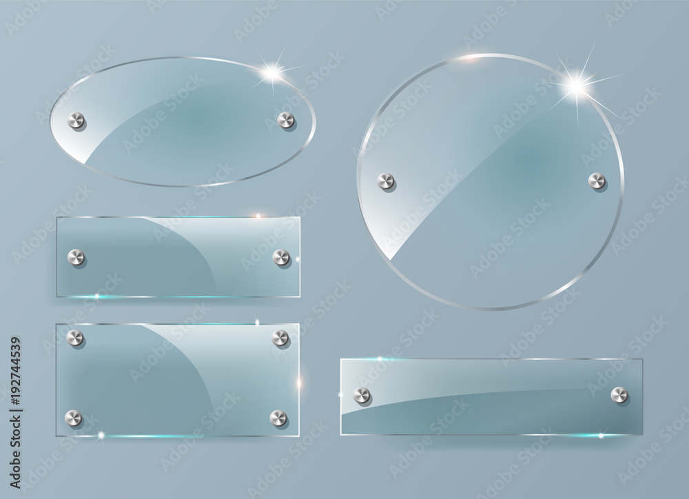 Transparent Glass plates set. Square shape, rectangle and round circle ...