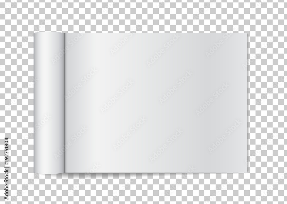 Realistic blank open magazine with rolled white paper pages on ...