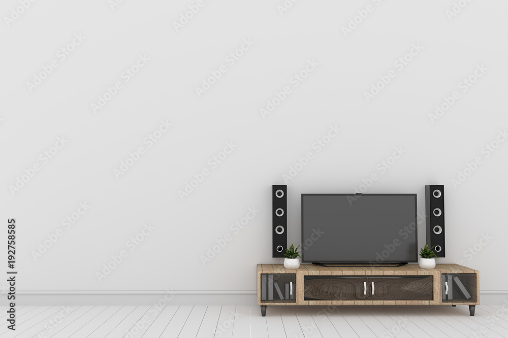TV on the white wall in modern living room interior design, 3d ...