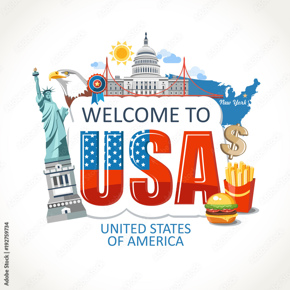 USA lettering sights symbols culture landmark illustration Stock Vector ...