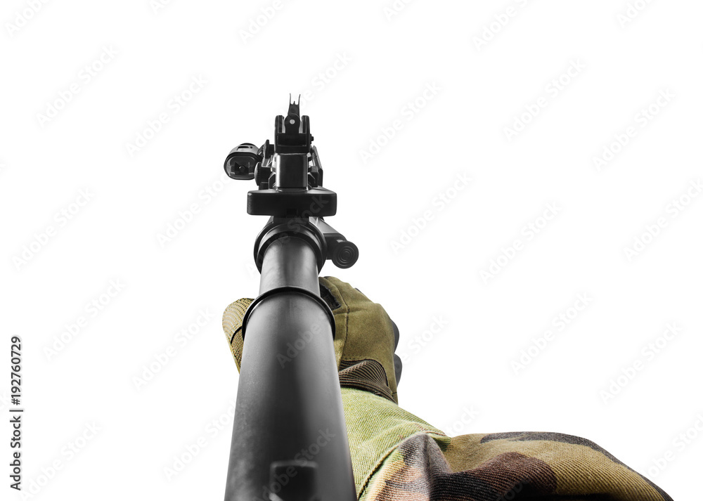 Vr first person view of a soldier hand holding automatic rifle front ...