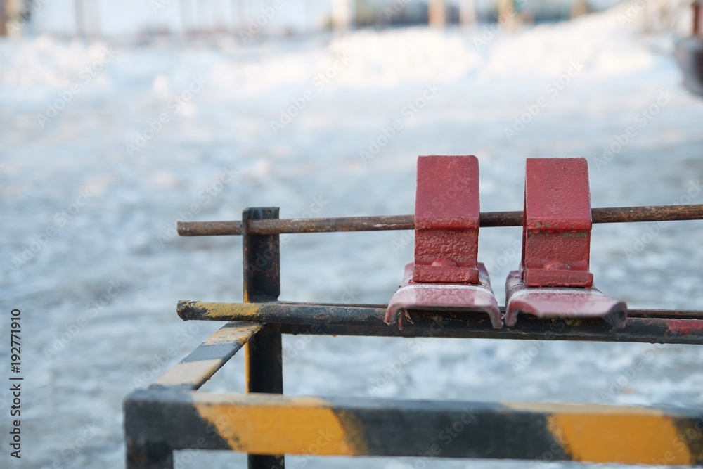 railway brake shoes of red color lie on the rack. railway skid. railway ...