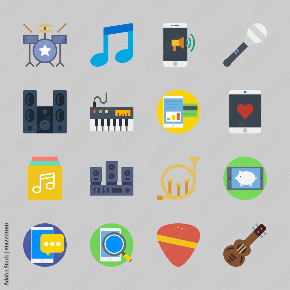 Icons about Music with smartphone, music album, sound system, musical ...