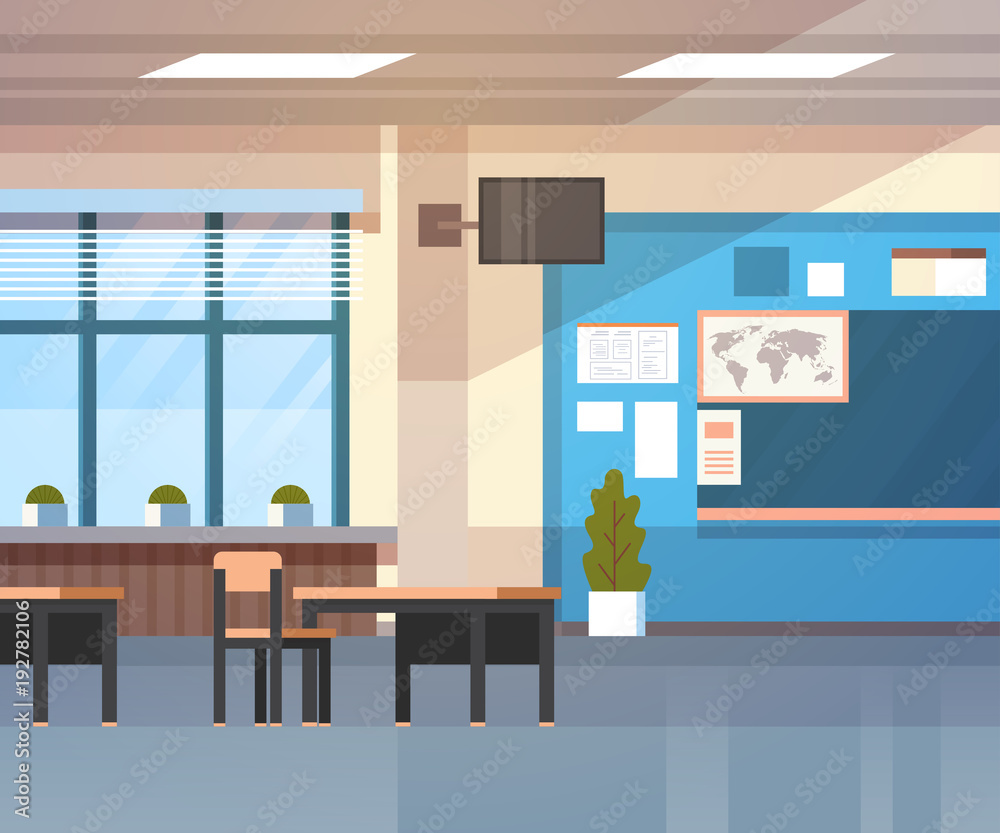 School Classroom Interior Board Desk Over Window Background Flat Vector ...