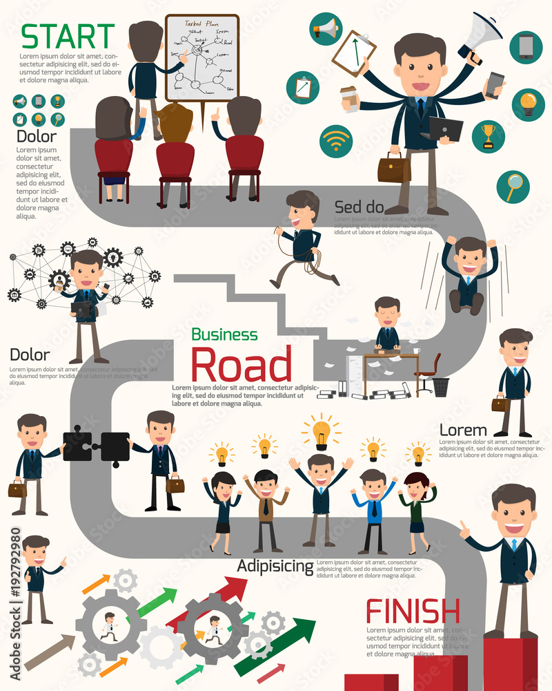 business roadmap with workstation infographics. business people show ...