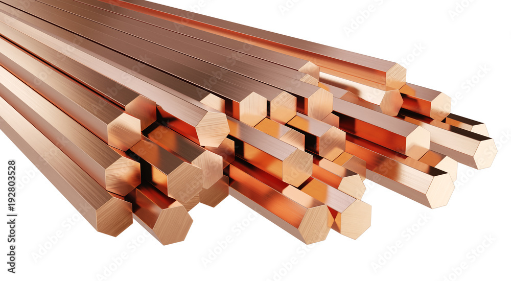 Stack of copper rods. Rolled metal products. Isolated on white ...
