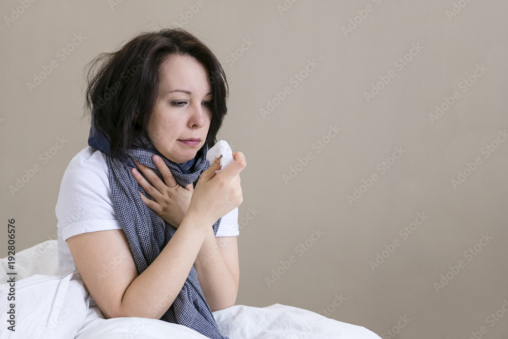 Young girl sick in bed with temperature. runny nose, cough, stay home ...