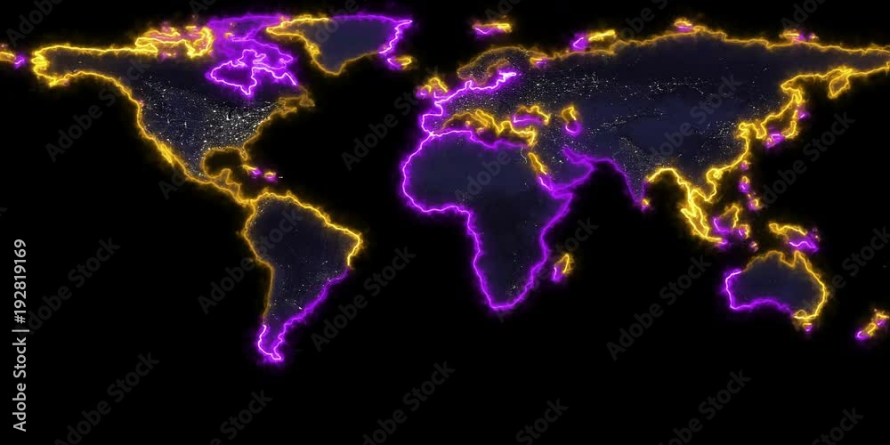 Dynamic mapping of the contours of the world map. Light lines around ...