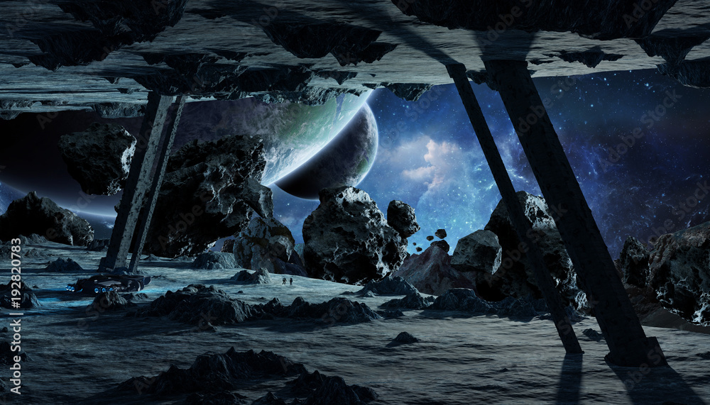 Astronauts exploring an asteroid spaceship 3D rendering elements of this image furnished by NASA ...