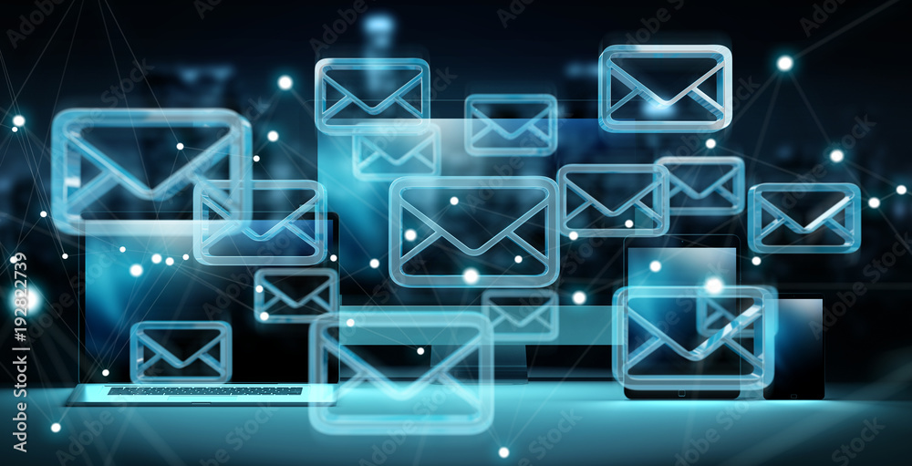 Email icon interface over modern tech devices 3D rendering Stock Photo ...