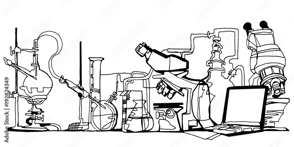 Chemistry or physics abstract fantasy laboratory black line art vector ...