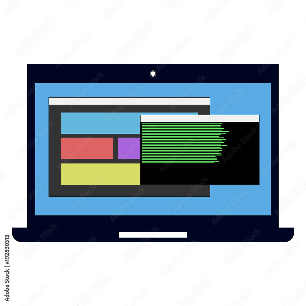 Flat black laptop illustration. Blue screen, browser (responsive web ...