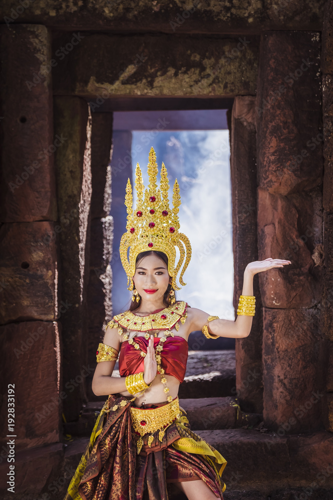 Absara, The angel is dancing in front of Castle Khmer Stock Photo ...