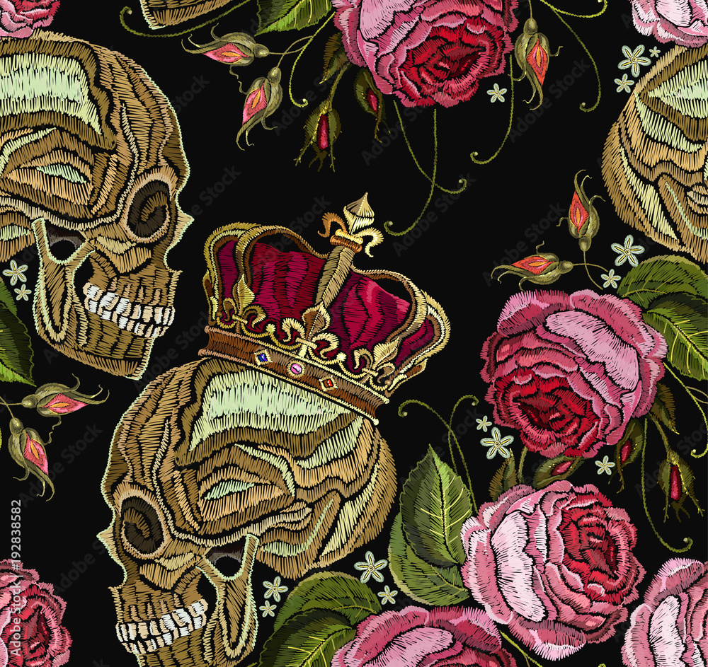Embroidery golden crown, human skull and roses seamless pattern ...