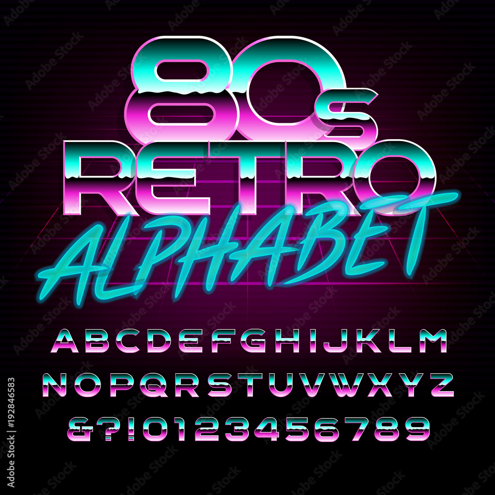 80's retro alphabet font. Metal effect letters and numbers. Stock ...