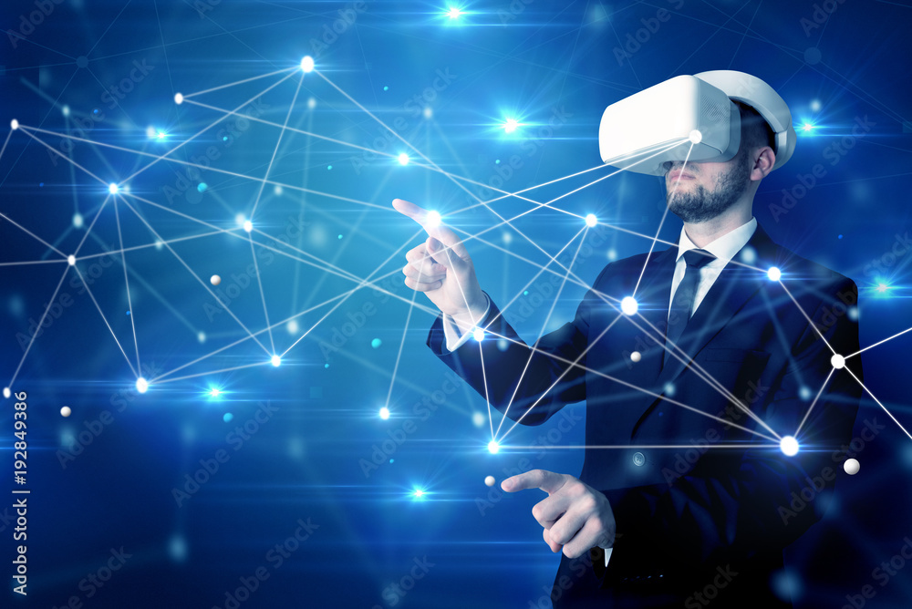 Man touching 3D connectivity and network signs Stock Photo | Adobe Stock