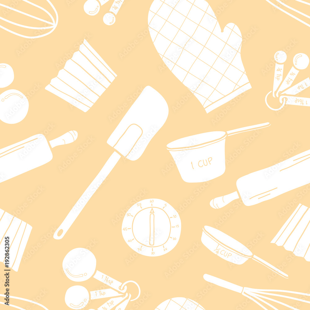 Seamless pattern of baking tools in white silhouette random on pastel ...