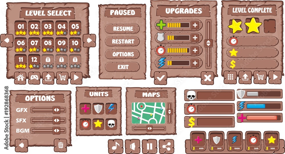 Game User Interface in cartoon style with basic buttons and functions, status bar, for creating ...