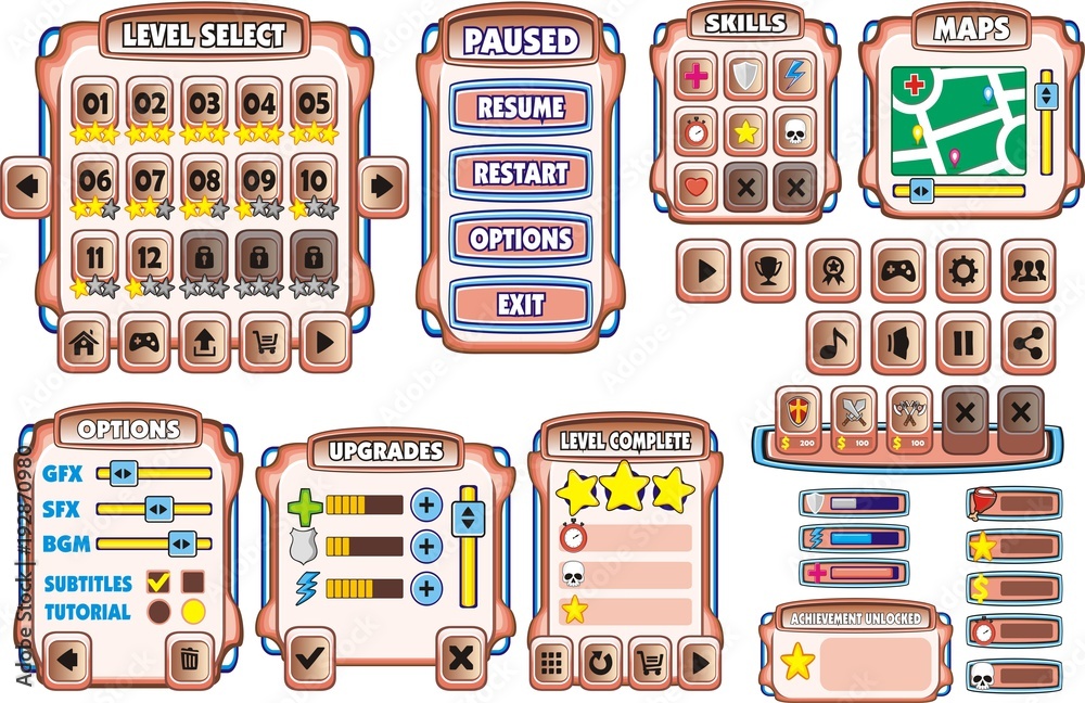 Game User Interface in cartoon style with basic buttons and functions, status bar, for creating ...