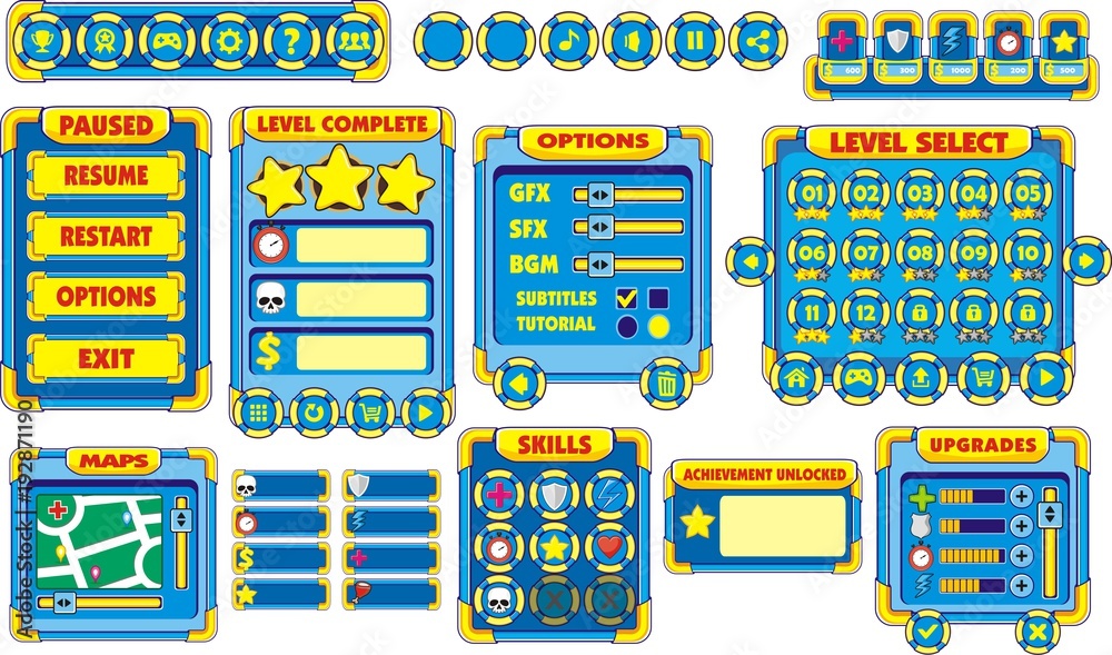 Game User Interface in cartoon style with basic buttons and functions, status bar, for creating ...