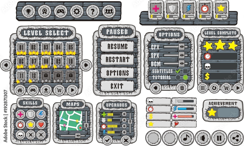 Game User Interface in cartoon style with basic buttons and functions ...