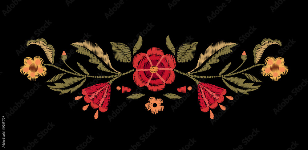Embroidered flowers on a black background. Vector floral print. Vintage ...