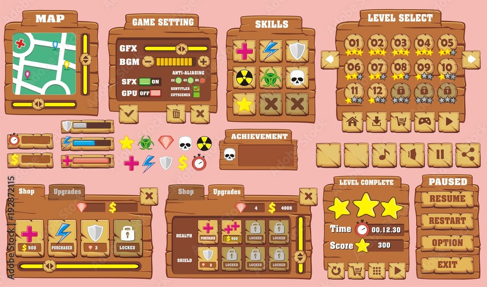 Game User Interface in cartoon style with basic buttons and functions, status bar, for creating ...