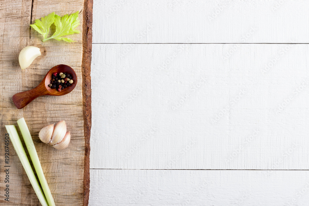 Cooking background concept. Vintage cutting board and spice. Top view ...