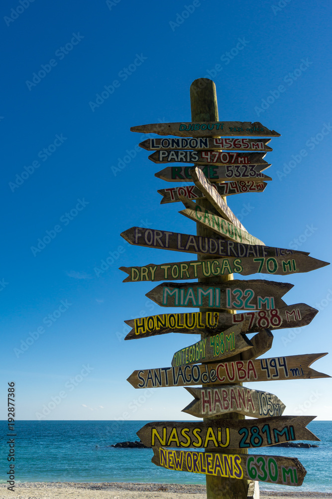 USA, Florida, Beautiful ocean behind huge sign with multiple directions ...
