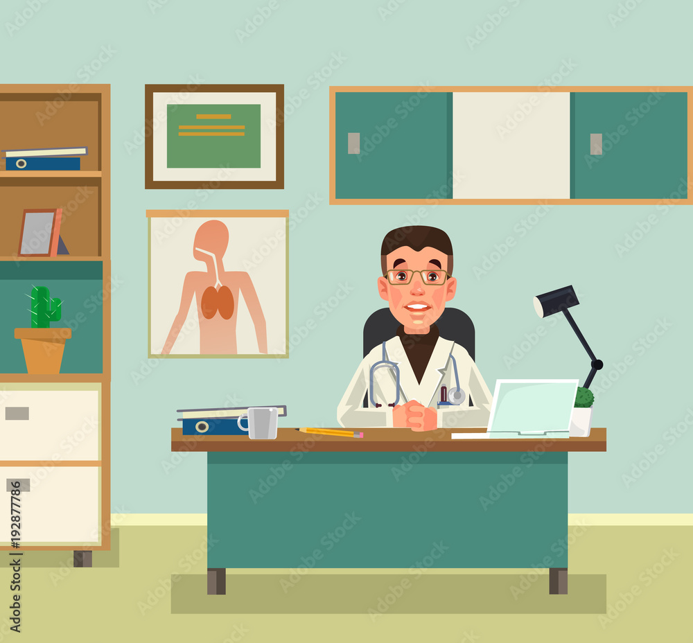 Doctor character waiting at reception. Vector flat cartoon illustration ...