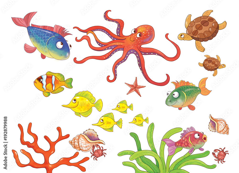 Cute sea animals. Ocean. Different fish. Coloring page. Illustration ...