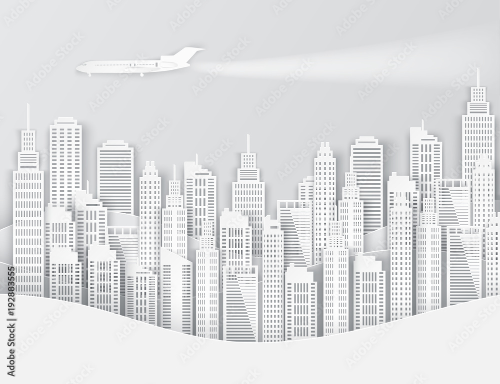 White paper skyscrapers and airplane in the sky. Achitectural building ...