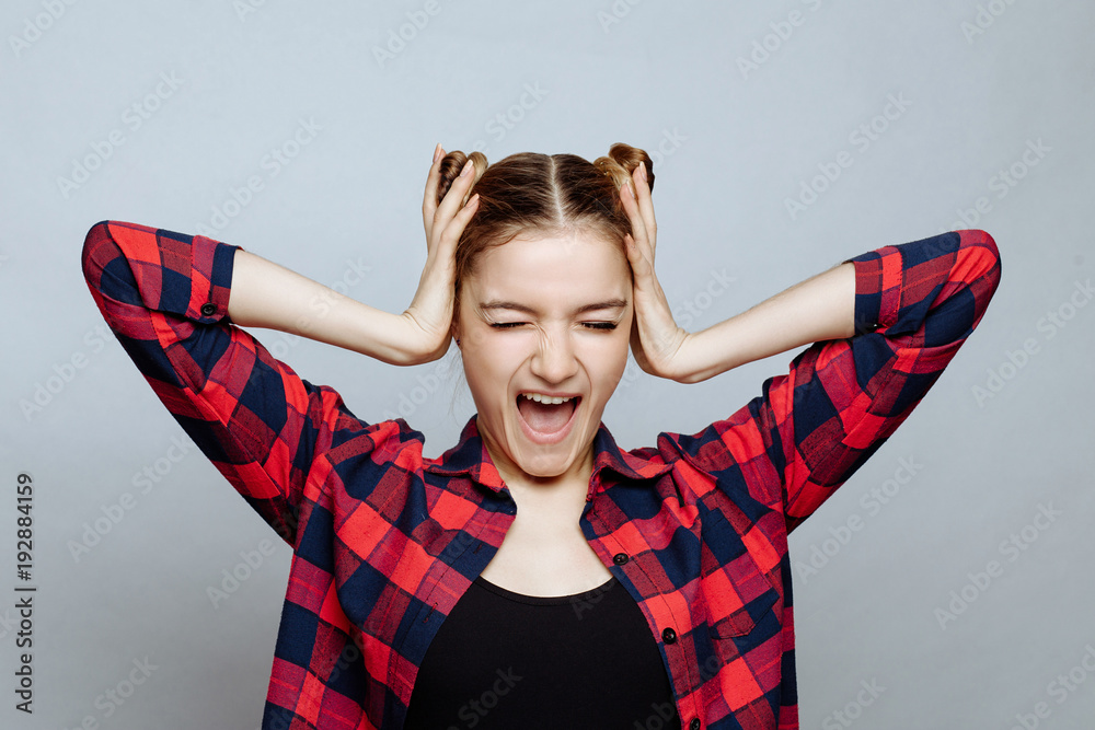 Body language and emotion. Portrait close up on a white background. The ...